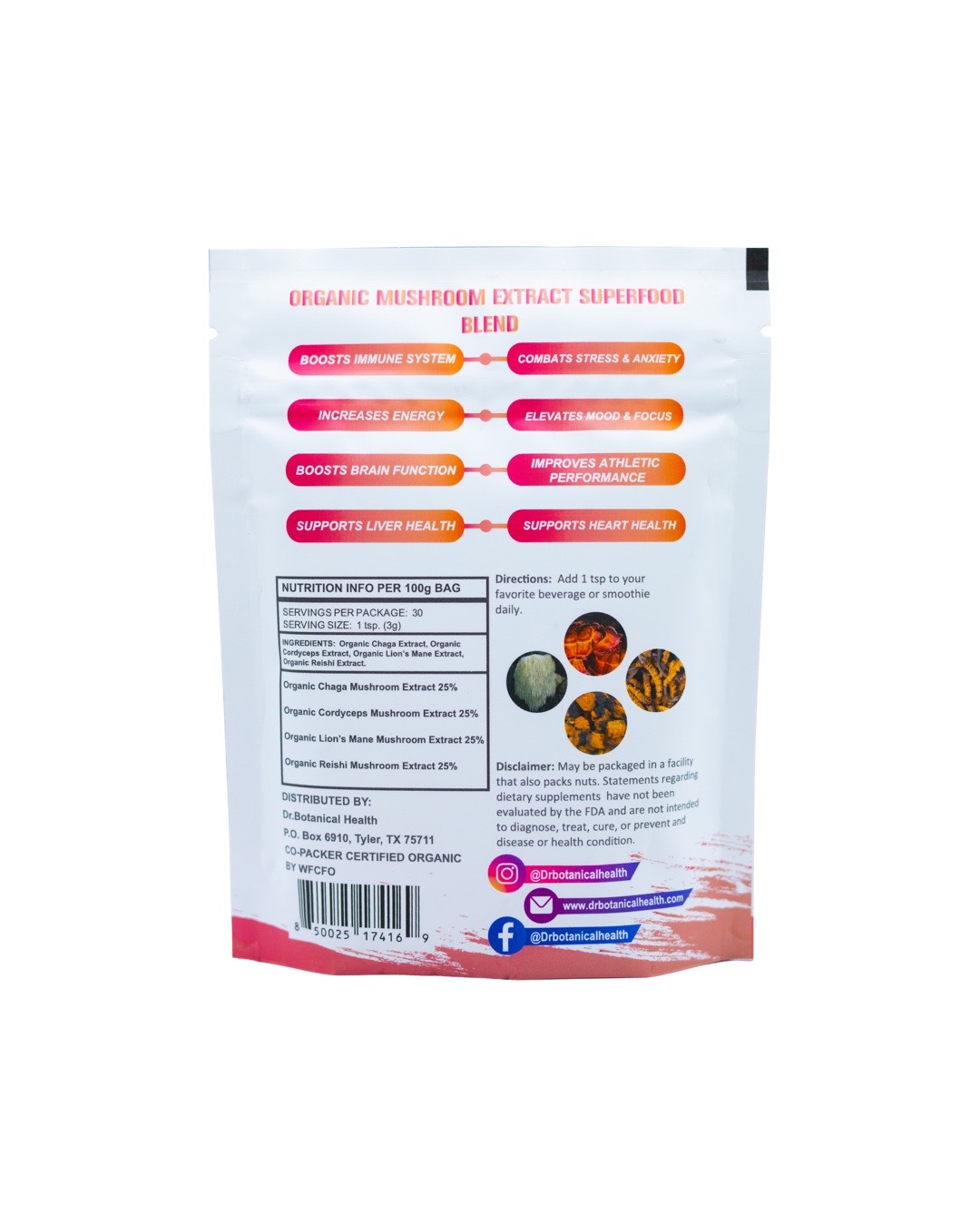 Total Vitality Mushroom Blend (USDA Organic) 100g - Dr. Botanical Health